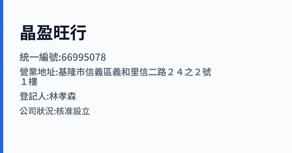 晶盈旺行 - 統編 66995078(基隆市) 公司登記資料與營業項目詳細圖表