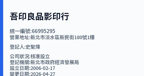 吾印良品影印行的照片-統編 66995295(新北市) 公司登記資料與營業項目詳細圖表