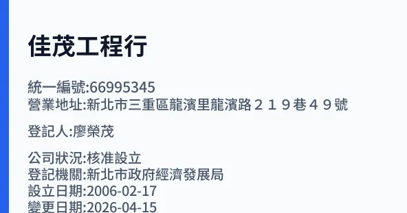 佳茂工程行的照片-統編 66995345(新北市) 公司登記資料與營業項目詳細圖表