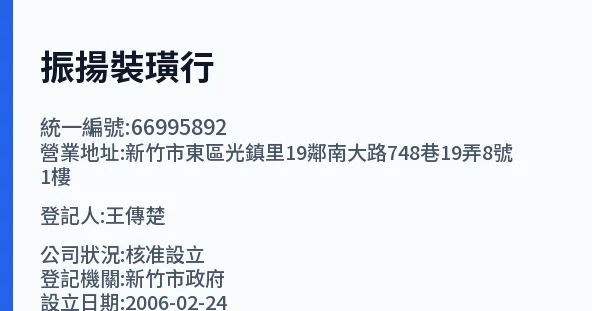 振揚裝璜行的照片-統編 66995892(新竹市) 公司登記資料與營業項目詳細圖表