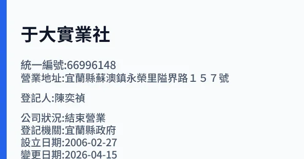 于大實業社的照片-統編 66996148(宜蘭縣) 公司登記資料與營業項目詳細圖表