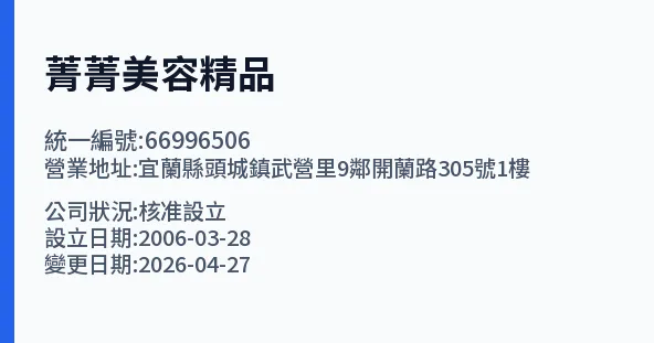 菁菁美容精品的照片-統編 66996506(宜蘭縣) 公司登記資料與營業項目詳細圖表