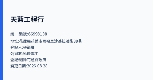 天藍工程行的照片-統編 66998188(花蓮縣) 公司登記資料與營業項目詳細圖表