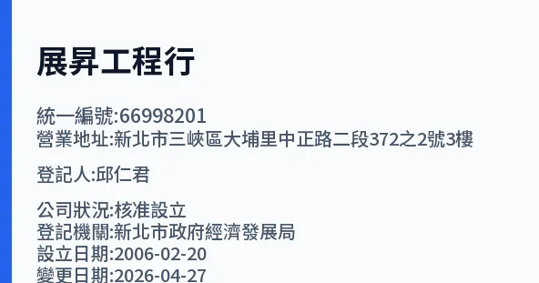 展昇工程行的照片-統編 66998201(新北市) 公司登記資料與營業項目詳細圖表