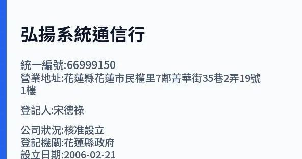 弘揚系統通信行的照片-統編 66999150(花蓮縣) 公司登記資料與營業項目詳細圖表