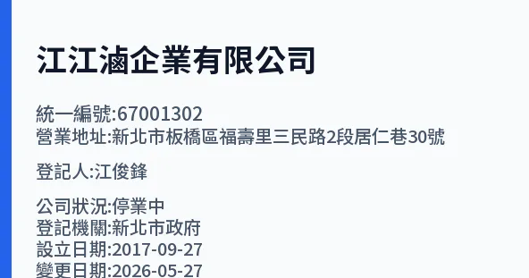江江滷企業有限公司的照片-統編 67001302(新北市) 公司登記資料與營業項目詳細圖表