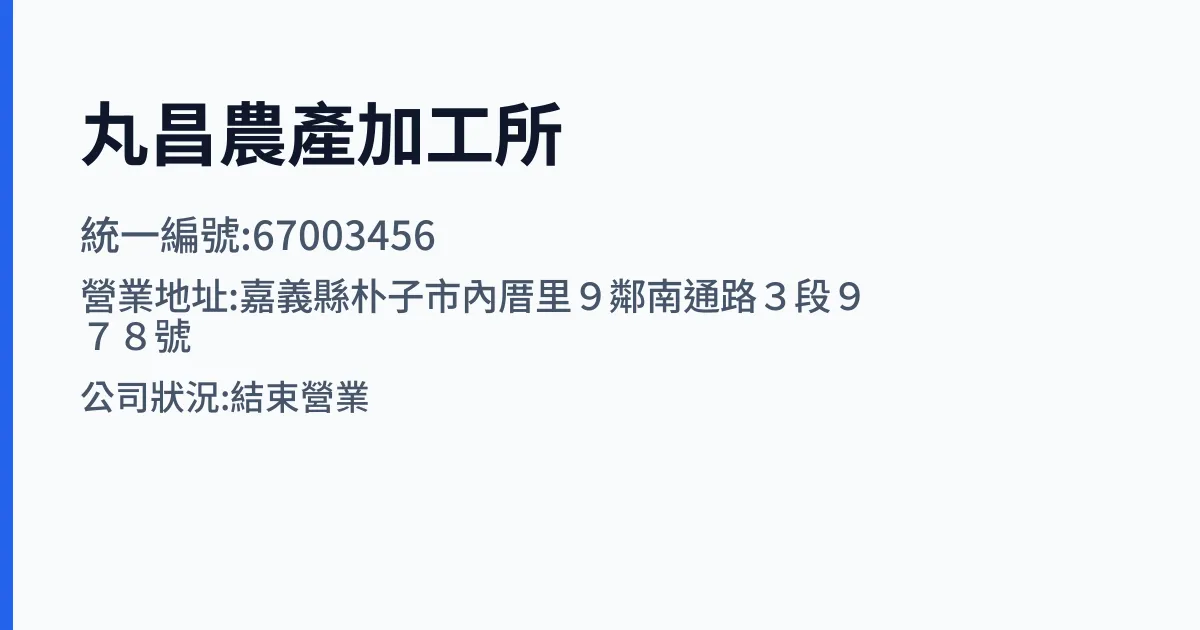 丸昌農產加工所 - 統編 67003456(嘉義縣) 公司登記資料與營業項目詳細圖表