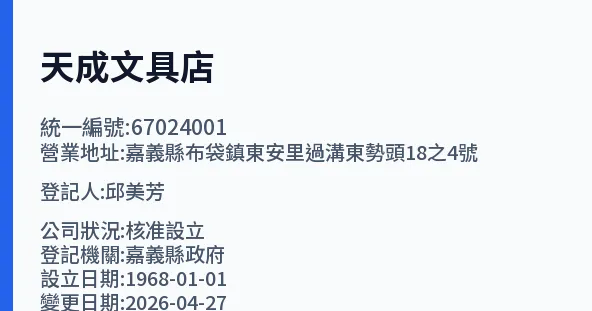 天成文具店的照片-統編 67024001(嘉義縣) 公司登記資料與營業項目詳細圖表