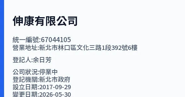 伸康有限公司的照片-統編 67044105(新北市) 公司登記資料與營業項目詳細圖表