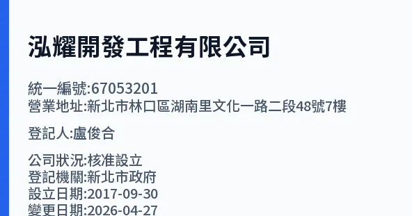 泓耀開發工程有限公司的照片-統編 67053201(新北市) 公司登記資料與營業項目詳細圖表