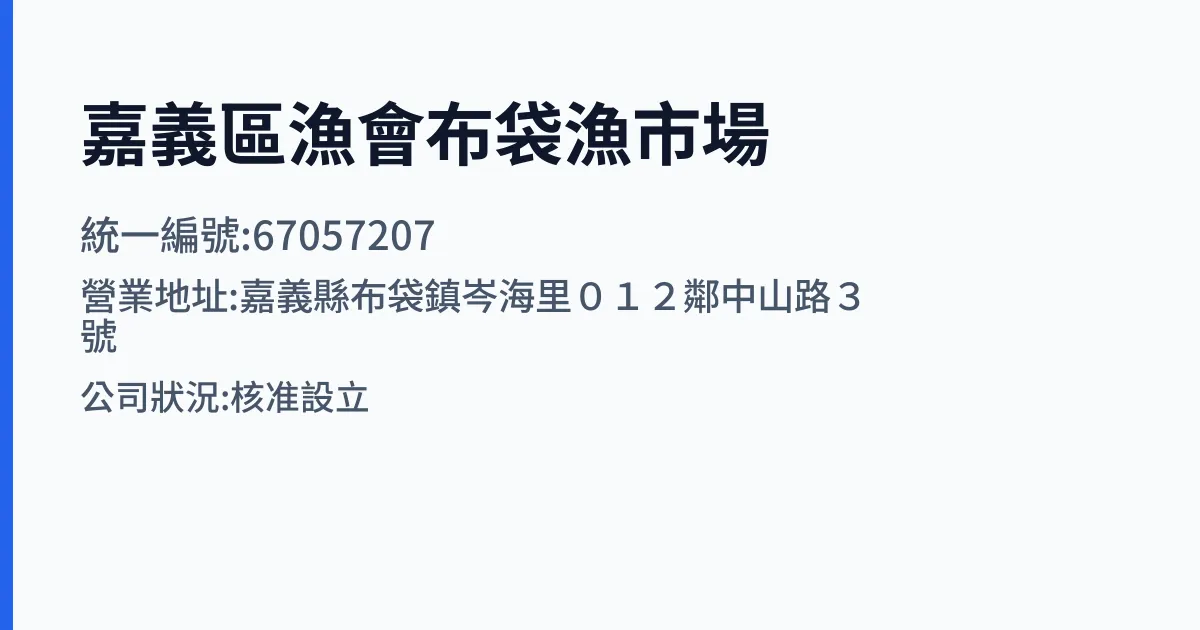 嘉義區漁會布袋漁市場 - 統編 67057207(嘉義縣) 公司登記資料與營業項目詳細圖表