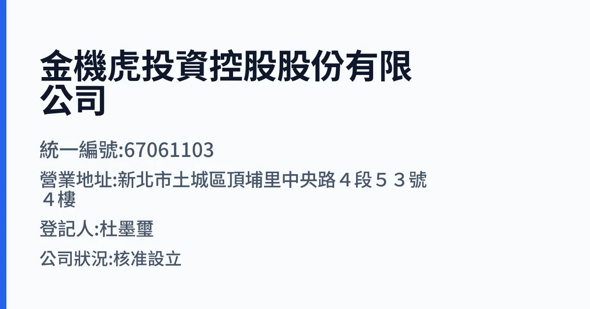 金機虎投資控股股份有限公司 - 統編 67061103(新北市) 公司登記資料與營業項目詳細圖表