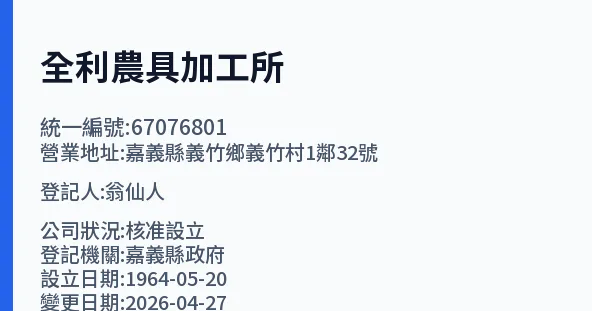 全利農具加工所的照片-統編 67076801(嘉義縣) 公司登記資料與營業項目詳細圖表