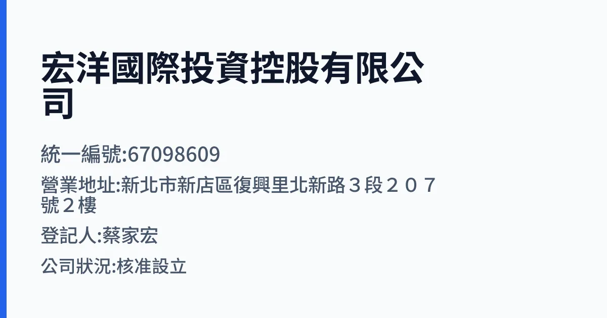宏洋國際投資控股有限公司 - 統編 67098609(新北市) 公司登記資料與營業項目詳細圖表