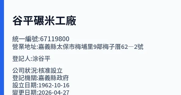 谷平碾米工廠的照片-統編 67119800(嘉義縣) 公司登記資料與營業項目詳細圖表