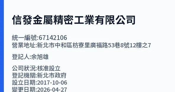 信發金屬精密工業有限公司的照片-統編 67142106(新北市) 公司登記資料與營業項目詳細圖表