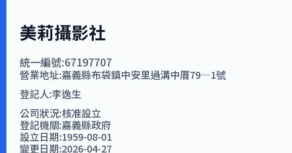美莉攝影社的照片-統編 67197707(嘉義縣) 公司登記資料與營業項目詳細圖表