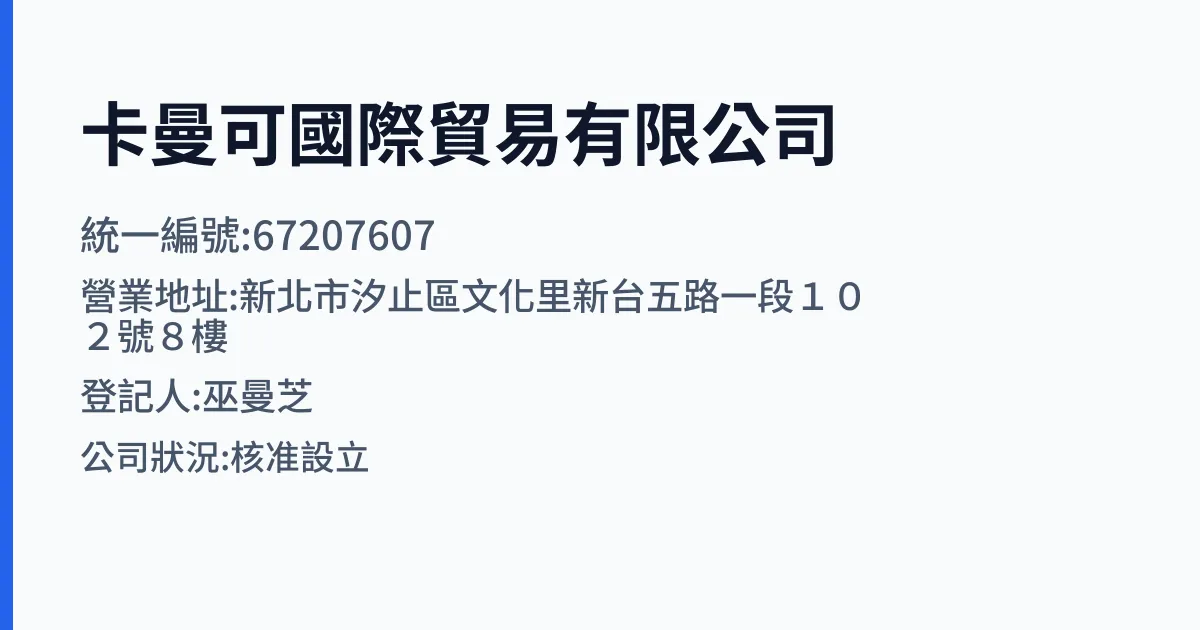 卡曼可國際貿易有限公司 - 統編 67207607(新北市) 公司登記資料與營業項目詳細圖表