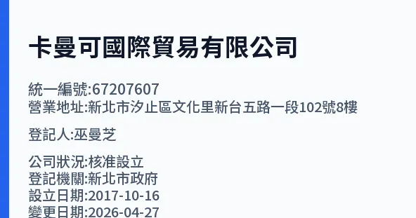 卡曼可國際貿易有限公司的照片-統編 67207607(新北市) 公司登記資料與營業項目詳細圖表