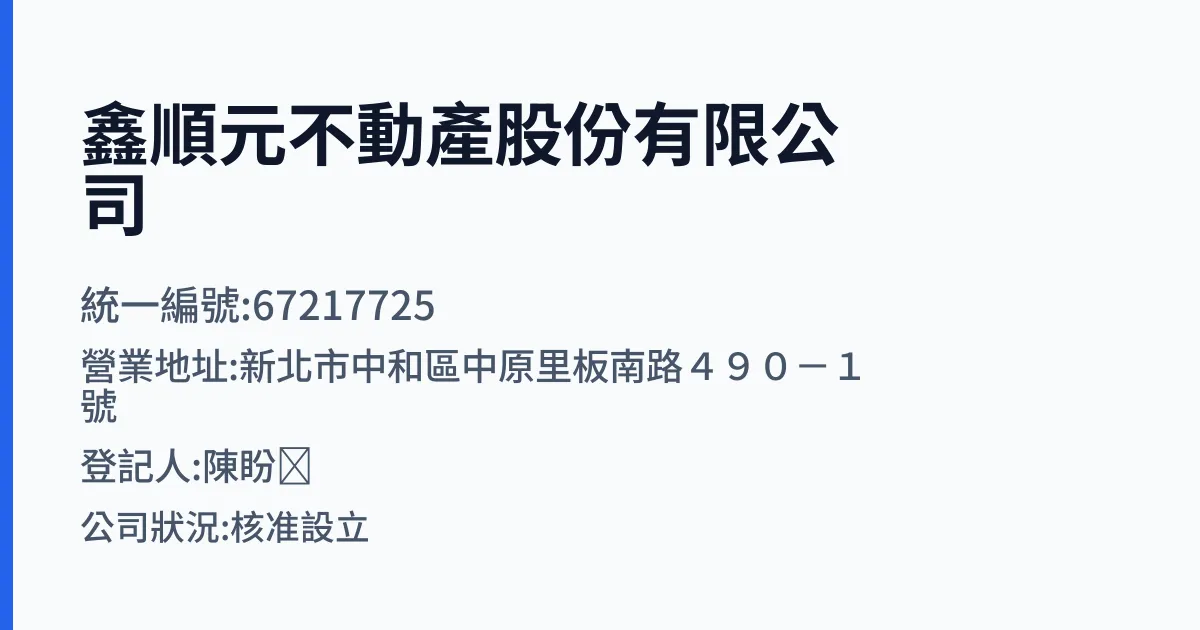 鑫順元不動產股份有限公司 - 統編 67217725(新北市) 公司登記資料與營業項目詳細圖表