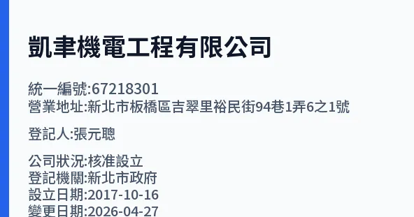 凱聿機電工程有限公司的照片-統編 67218301(新北市) 公司登記資料與營業項目詳細圖表
