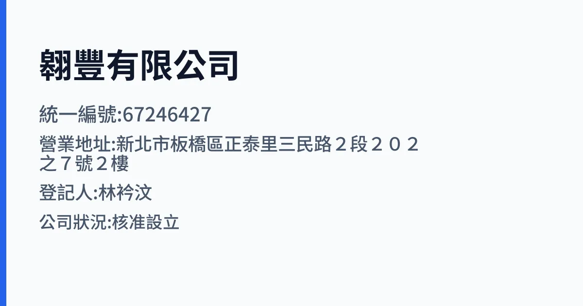 翱豐有限公司 - 統編 67246427(新北市) 公司登記資料與營業項目詳細圖表