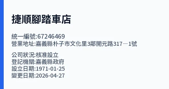捷順腳踏車店的照片-統編 67246469(嘉義縣) 公司登記資料與營業項目詳細圖表