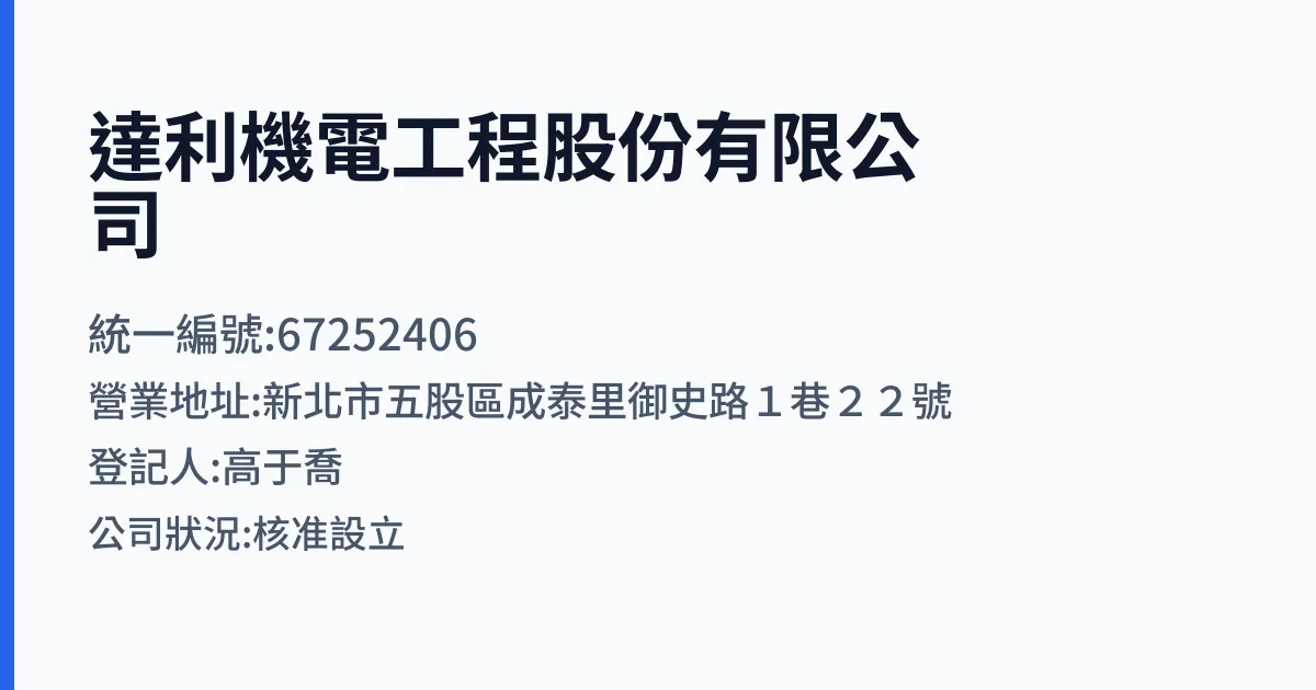 達利機電工程股份有限公司 - 統編 67252406(新北市) 公司登記資料與營業項目詳細圖表