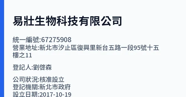 易壯生物科技有限公司的照片-統編 67275908(新北市) 公司登記資料與營業項目詳細圖表