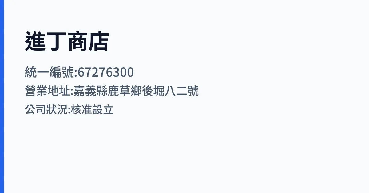 進丁商店 - 統編 67276300(嘉義縣) 公司登記資料與營業項目詳細圖表