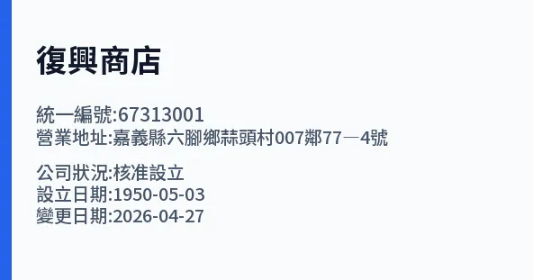 復興商店的照片-統編 67313001(嘉義縣) 公司登記資料與營業項目詳細圖表