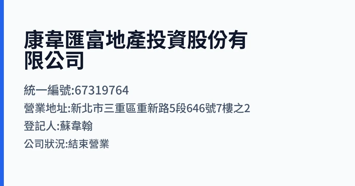 康韋匯富地產投資股份有限公司 - 統編 67319764(新北市) 公司登記資料與營業項目詳細圖表