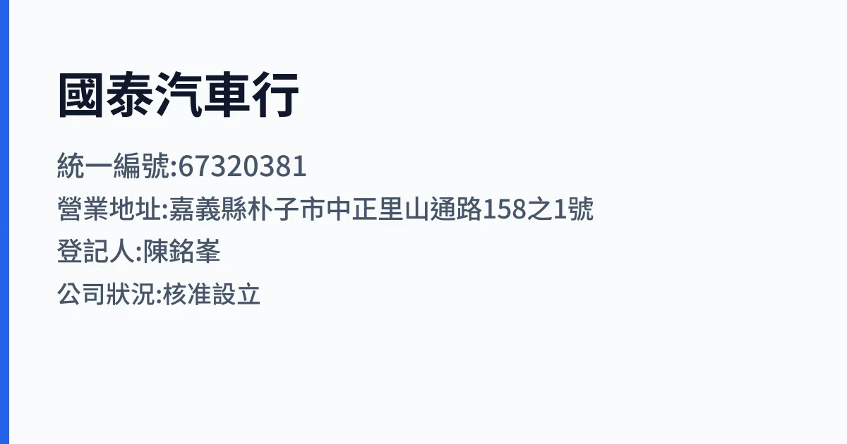 國泰汽車行 - 統編 67320381(嘉義縣) 公司登記資料與營業項目詳細圖表