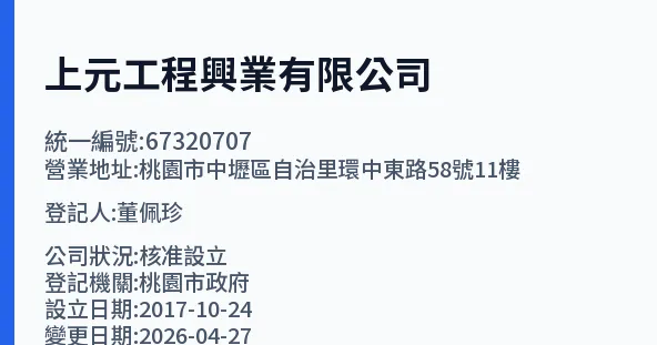 上元工程興業有限公司的照片-統編 67320707(桃園市) 公司登記資料與營業項目詳細圖表