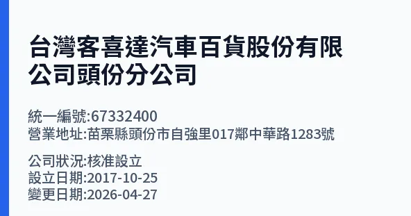 台灣客喜達汽車百貨股份有限公司頭份分公司的照片-統編 67332400(苗栗縣) 公司登記資料與營業項目詳細圖表