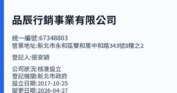 品辰行銷事業有限公司的照片-統編 67348803(新北市) 公司登記資料與營業項目詳細圖表
