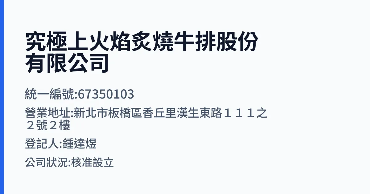 究極上火焰炙燒牛排股份有限公司 - 統編 67350103(新北市) 公司登記資料與營業項目詳細圖表