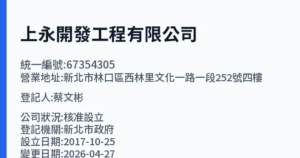 上永開發工程有限公司的照片-統編 67354305(新北市) 公司登記資料與營業項目詳細圖表
