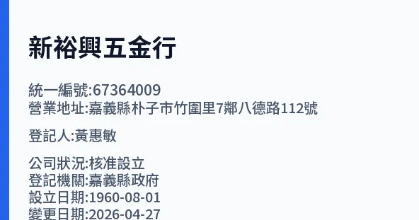 新裕興五金行的照片-統編 67364009(嘉義縣) 公司登記資料與營業項目詳細圖表