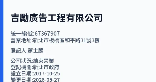 吉勵廣告工程有限公司的照片-統編 67367907(新北市) 公司登記資料與營業項目詳細圖表