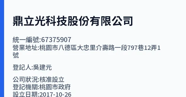 鼎立光科技股份有限公司的照片-統編 67375907(桃園市) 公司登記資料與營業項目詳細圖表