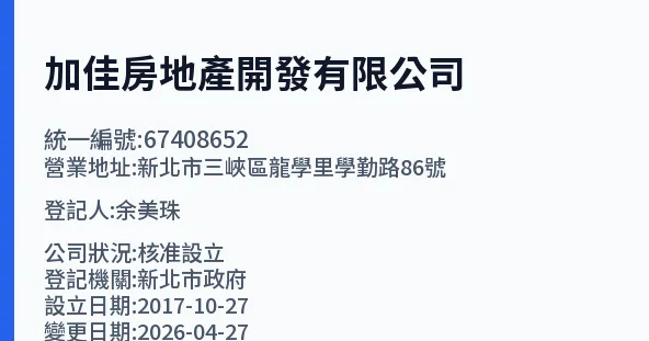 加佳房地產開發有限公司的照片-統編 67408652(新北市) 公司登記資料與營業項目詳細圖表