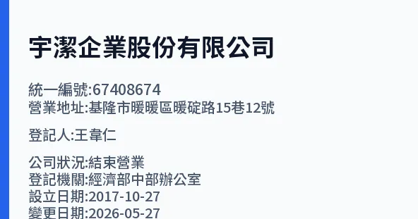 宇潔企業股份有限公司的照片-統編 67408674(基隆市) 公司登記資料與營業項目詳細圖表