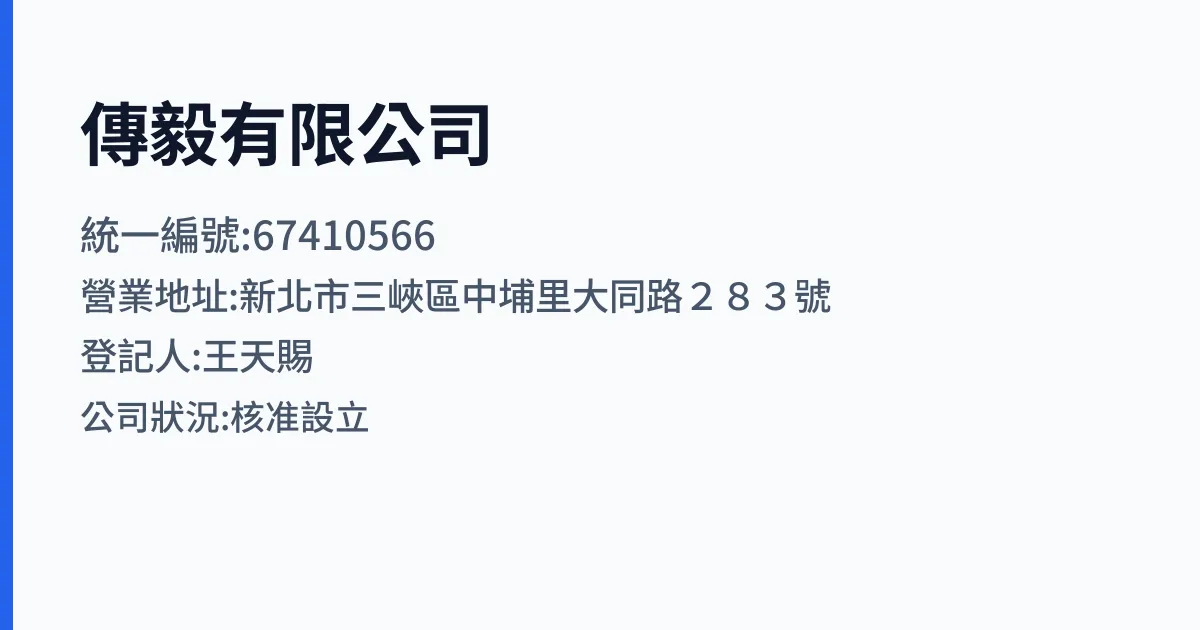 傳毅有限公司 - 統編 67410566(新北市) 公司登記資料與營業項目詳細圖表