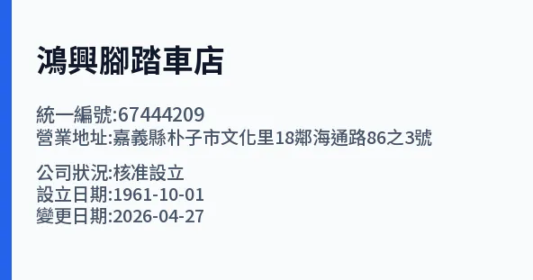 鴻興腳踏車店的照片-統編 67444209(嘉義縣) 公司登記資料與營業項目詳細圖表