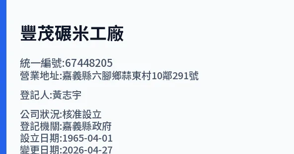 豐茂碾米工廠的照片-統編 67448205(嘉義縣) 公司登記資料與營業項目詳細圖表