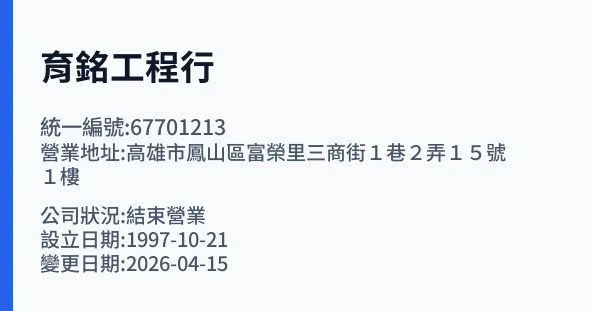 育銘工程行的照片-統編 67701213(高雄市) 公司登記資料與營業項目詳細圖表