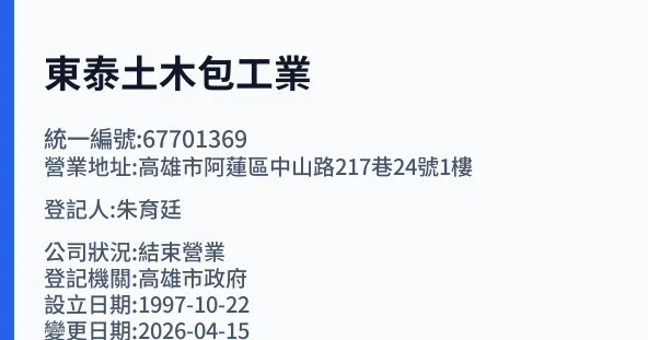 東泰土木包工業的照片-統編 67701369(高雄市) 公司登記資料與營業項目詳細圖表