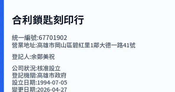 合利鎖匙刻印行的照片-統編 67701902(高雄市) 公司登記資料與營業項目詳細圖表