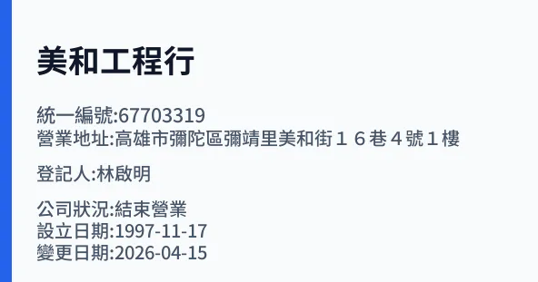 美和工程行的照片-統編 67703319(高雄市) 公司登記資料與營業項目詳細圖表